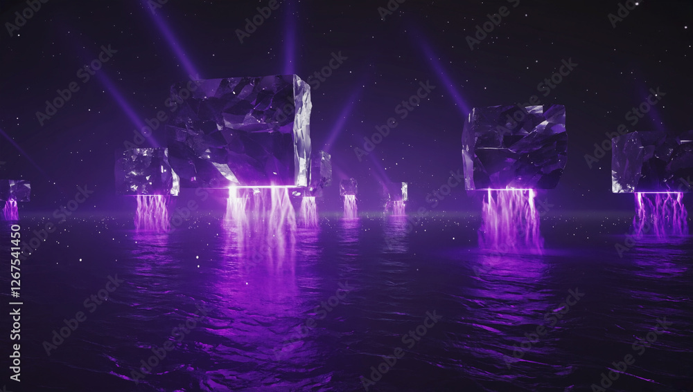 Crystalline Structures: Glowing purple cubes float in a mysterious ...