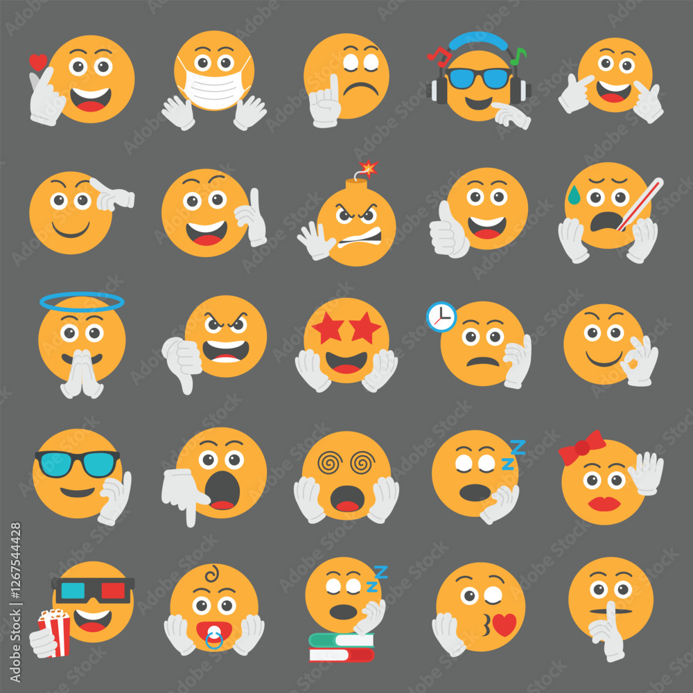 Emojis icons set in trendy flat style suitable for any project. Happy ...