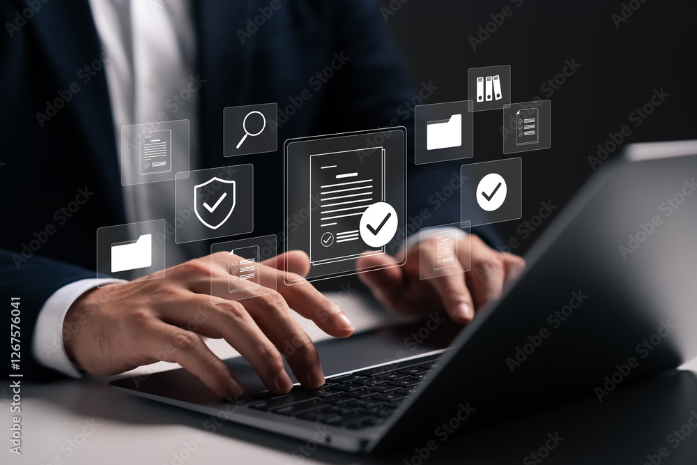 Business tracking and auditing concept, businessman using laptop to do ...