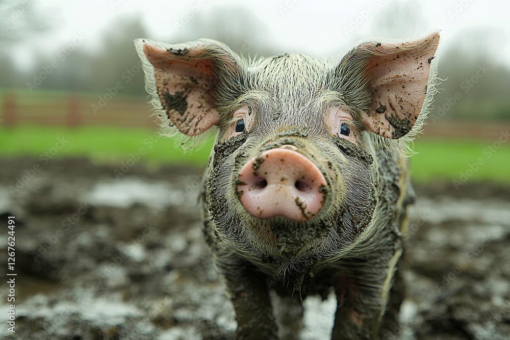 Pig playing in mud on a farm - domestic animal covered in mud, in a ...