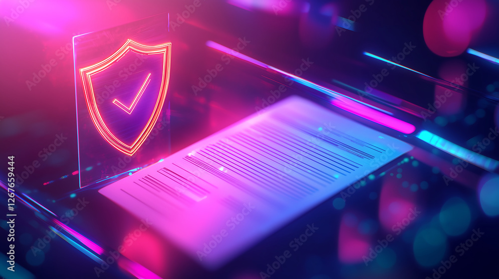Foto de Stock Futuristic cybersecurity insurance concept with glowing shield verification ...
