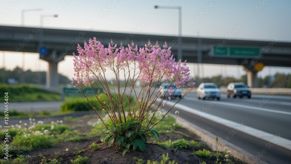 Blooming Pink Flowers by Highway Interchange with Traffic and Overpass ...