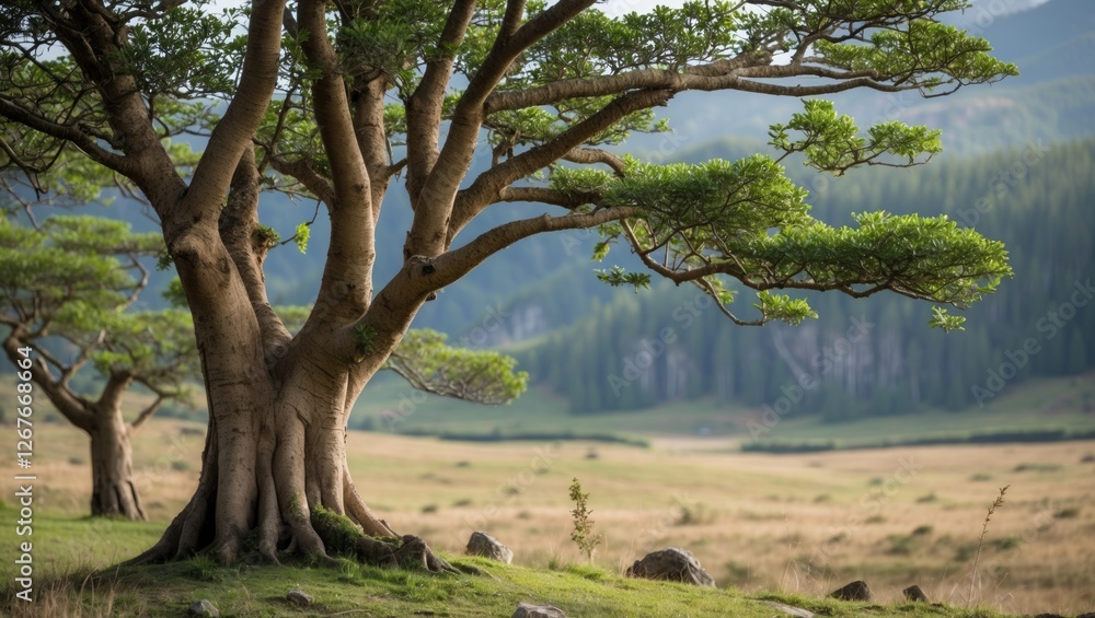 Majestic Bothi Tree with sprawling branches in serene landscape ...