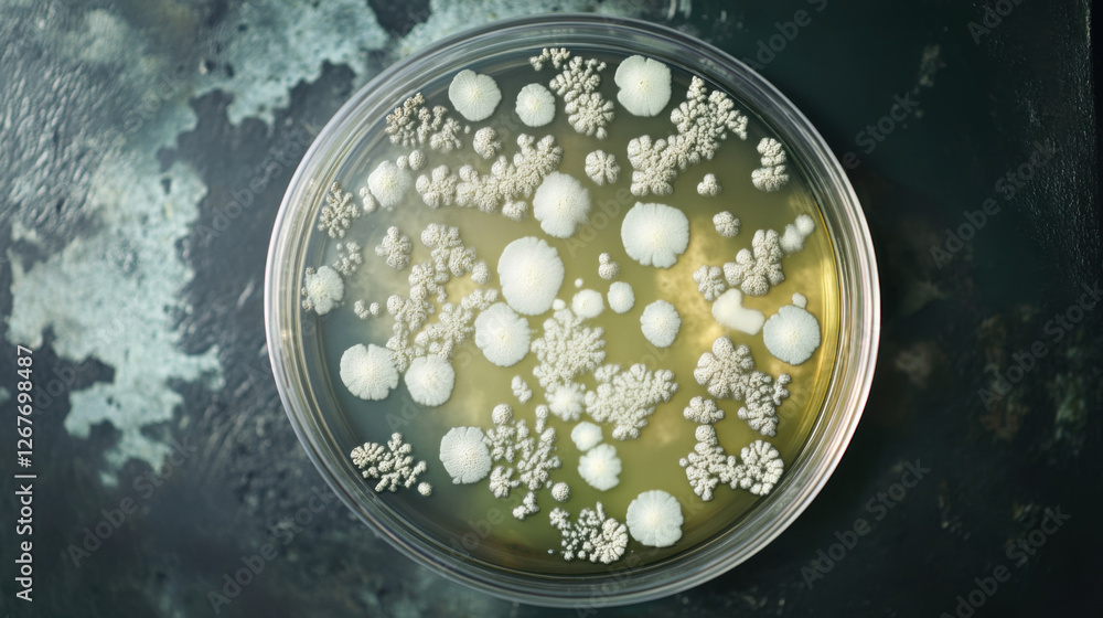 Stock-Foto „Penicillium mold growing in petri dish, showcasing various ...