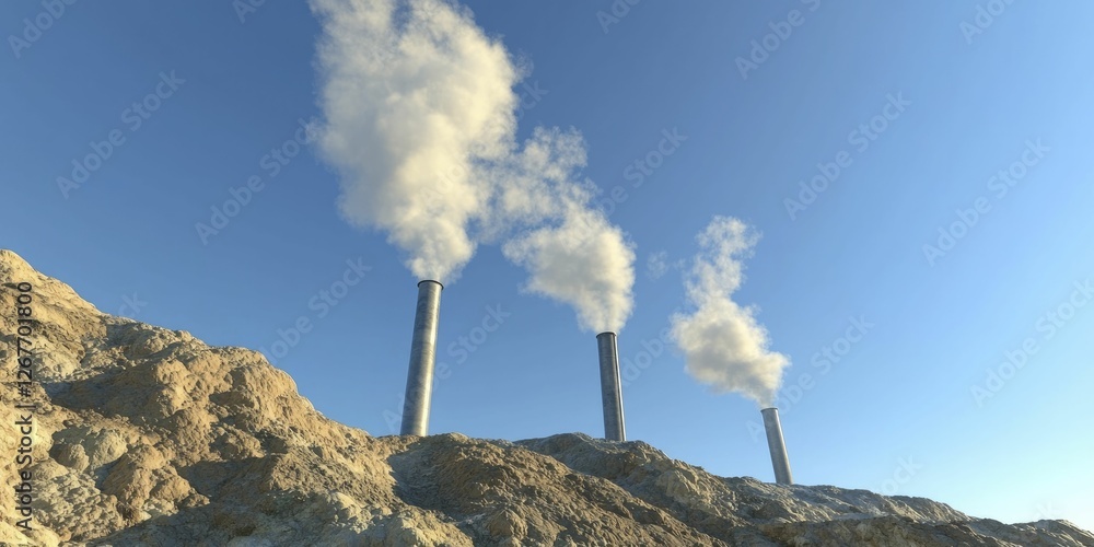 Cutting-edge geothermal energy system with steam rising from earth ...