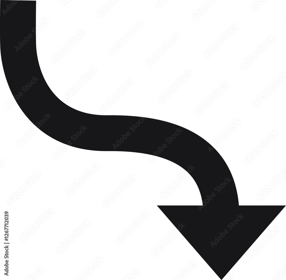 Simple black arrow pointing down and curving right against a clean ...