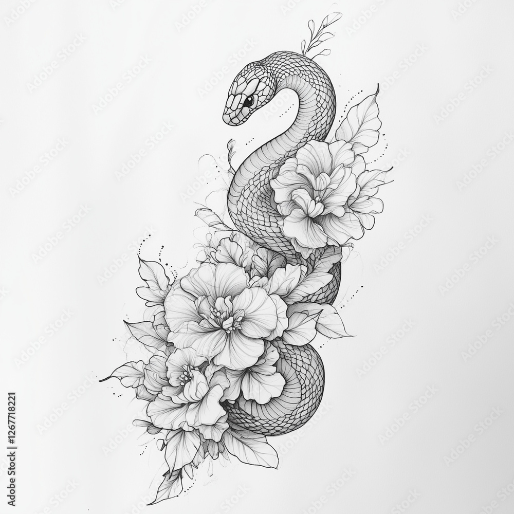Blackwork Snake Tattoo with Botanical Elements: A sophisticated fine ...
