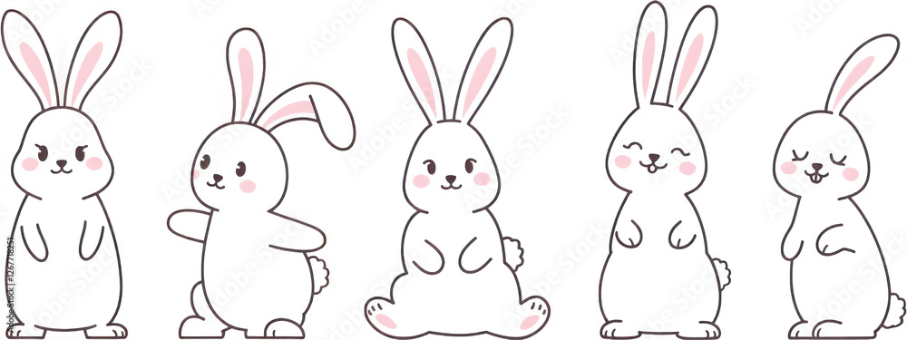 Cute bunny rabbit outline sketch vector illustration. Minimal bunny line art doodle in different ...