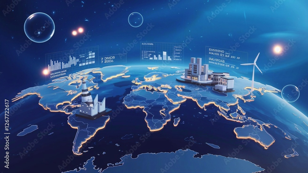 Business and Global Economy 3D world map with business icons and data ...