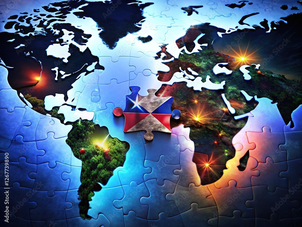 World map, nighttime view, with Haitian and Puerto Rican flags. AI ...