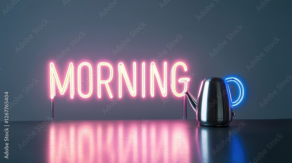 Silver Kettle Next to Neon Glowing Morning Sign in a Futuristic Setting ...