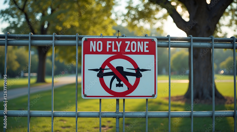 No Fly Zone sign with bold red prohibition symbol attached to metal ...