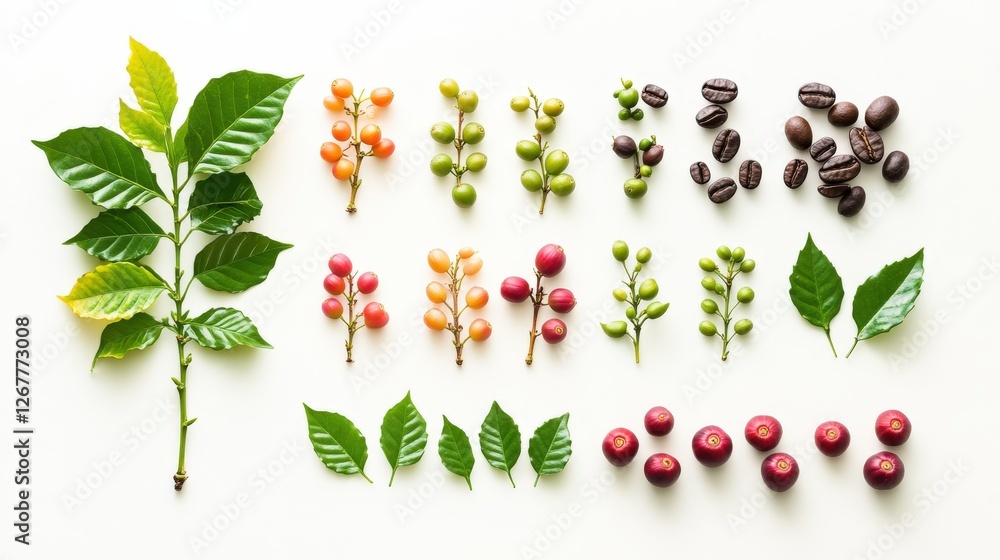 Visual breakdown of coffee plant stages from flowering to processed ...