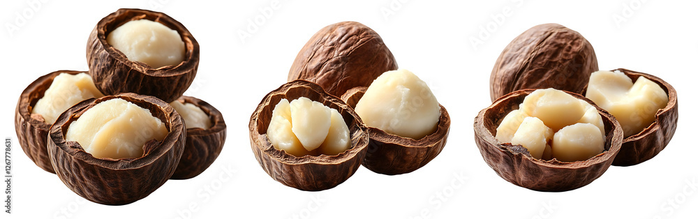Beautiful shea nuts filled with shea butter, isolated on transparent ...
