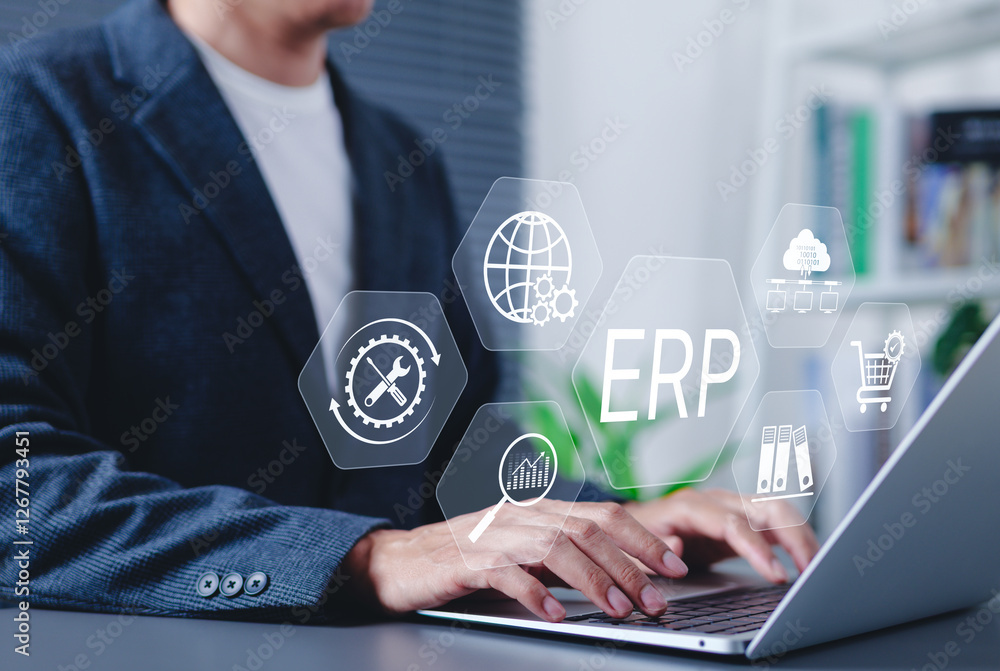 ERP Enterprise Resource Planning system concept. Businessman using ...