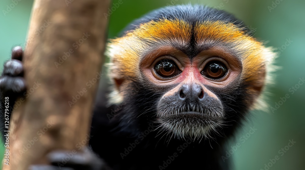 This captivating close-up image features a monkey gazing thoughtfully ...