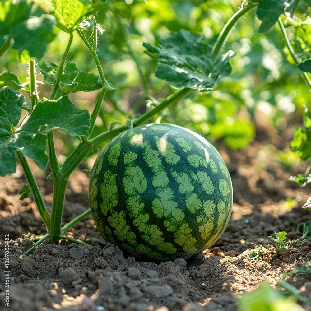 Planta de sandía verde en la huerta con sandías enteras maduras ...