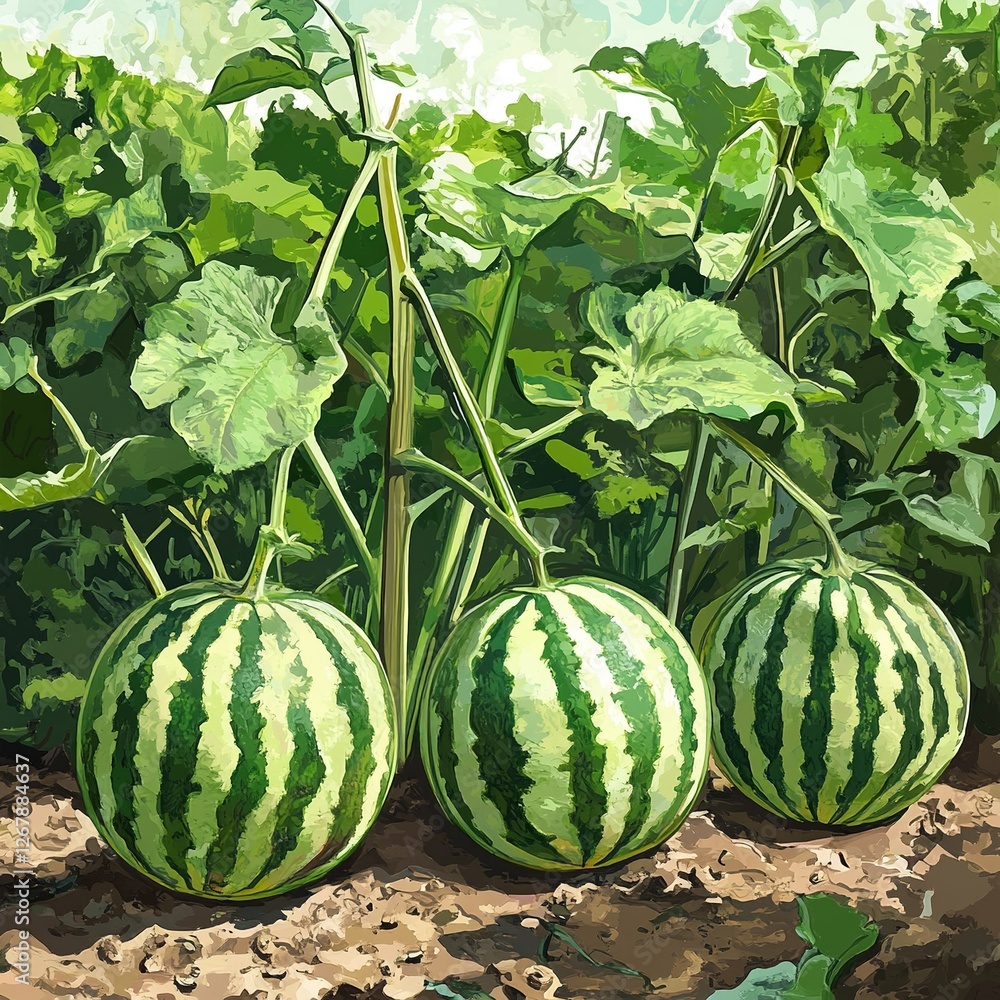 Planta de sandía verde en la huerta con sandías enteras maduras ...