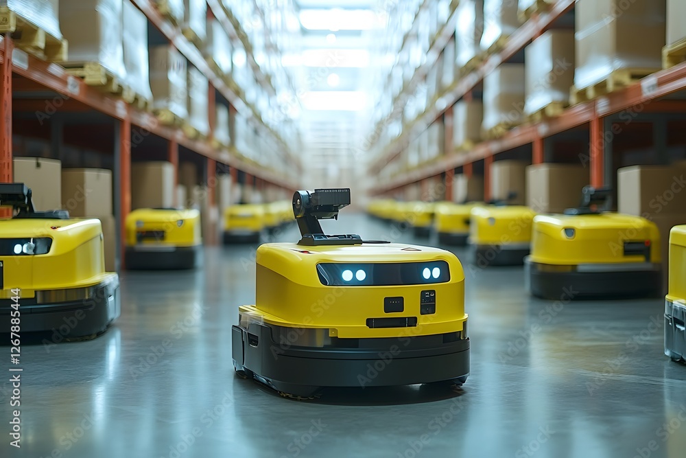 Automatic forklifts and robots move boxes efficiently in smart warehouses. realism enhances the ...