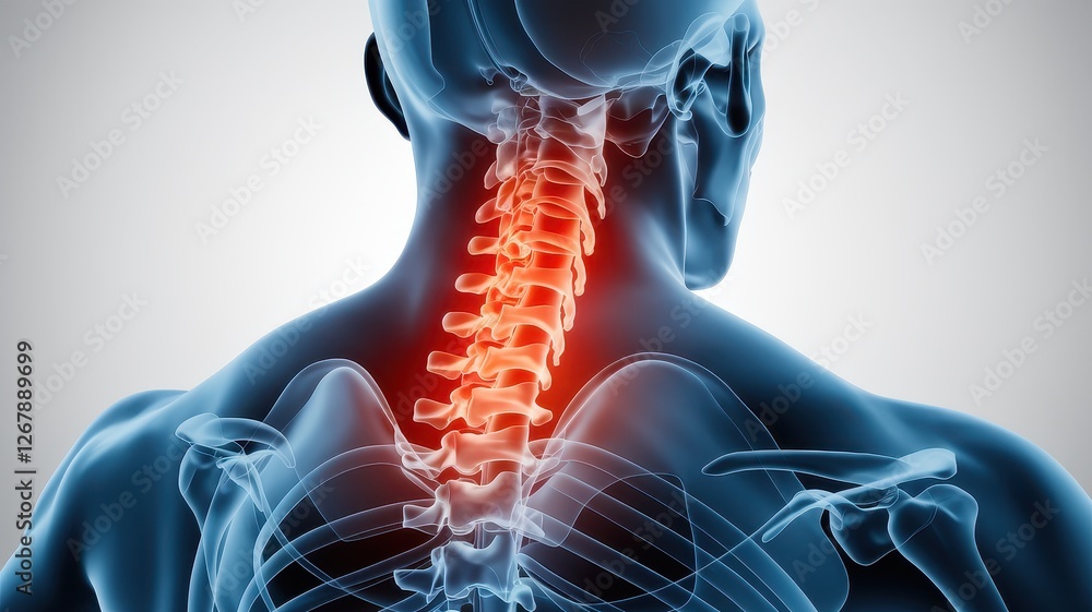 Cervical spine pain is highlighted in transparent human body Stock ...