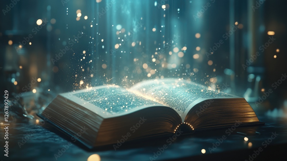 Open book with a shimmering screen, visualizing a hyper-efficient, AI ...