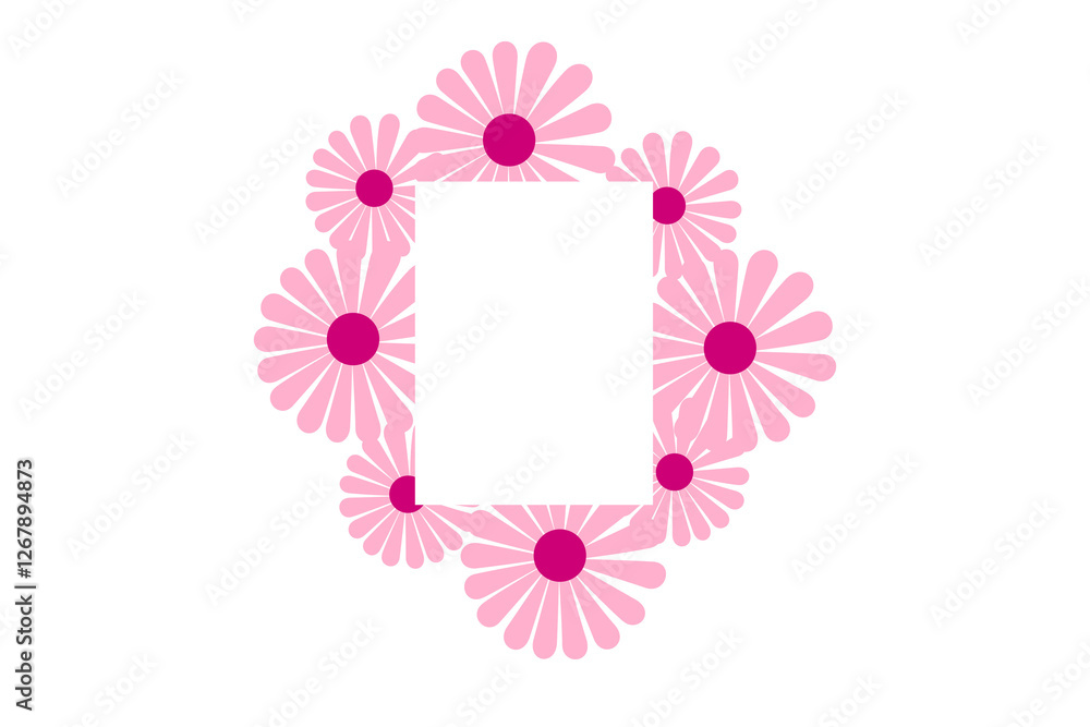 Beautiful daisy frame PNG vector illustration. Pink floral border with dark pink, purple centers ...