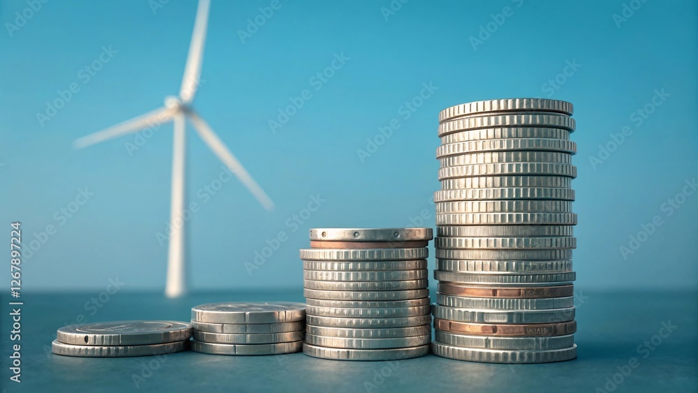 3D representation of a stacked coin with a wind turbine symbolizing the ...