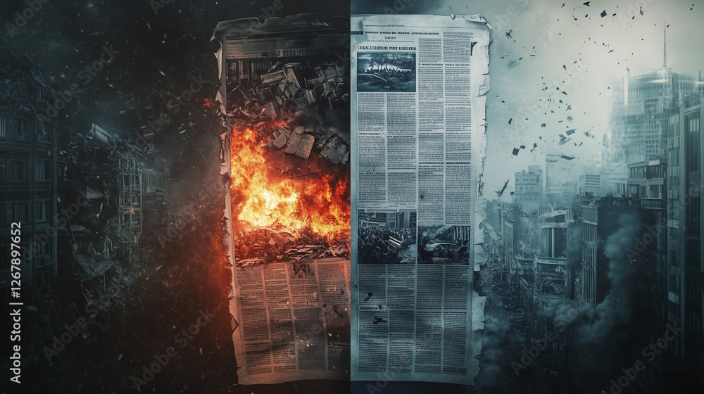 Newspaper front page split into two: one side shows destruction and war ...