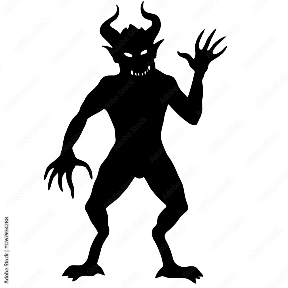 demon.Silhouette of a demonic creature with horns, sharp teeth, claws ...
