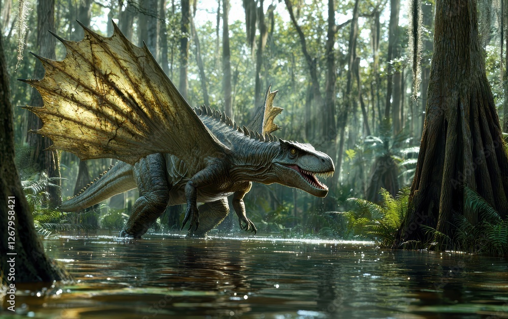 National Geographic Fearsome Spinosaurus wading through a deep swamp ...
