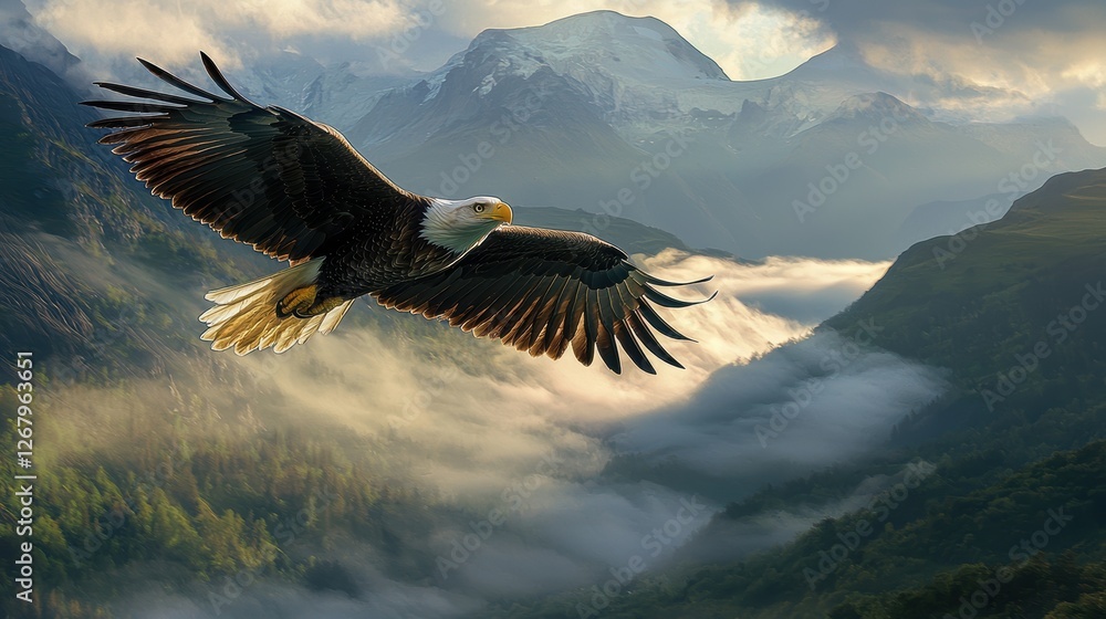 , National Geographic Majestic bald eagle soaring above a misty ...