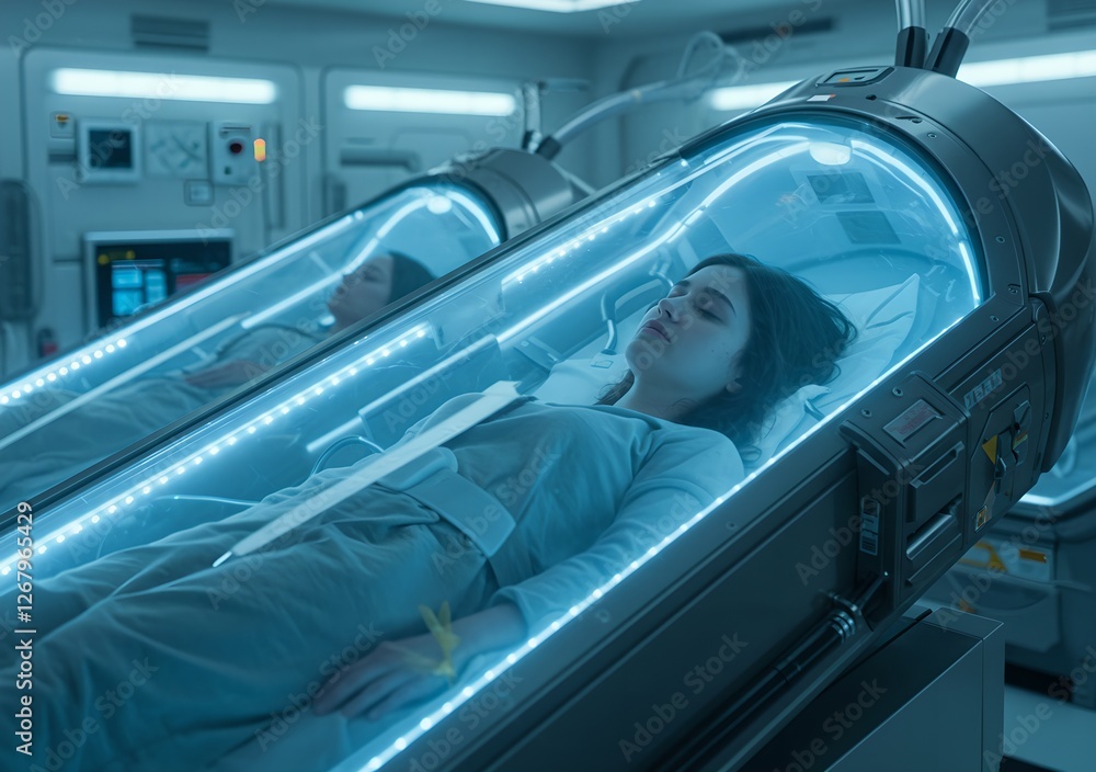 Foto de Stock Woman in futuristic cryogenic sleep pod. Sci-fi medical ...