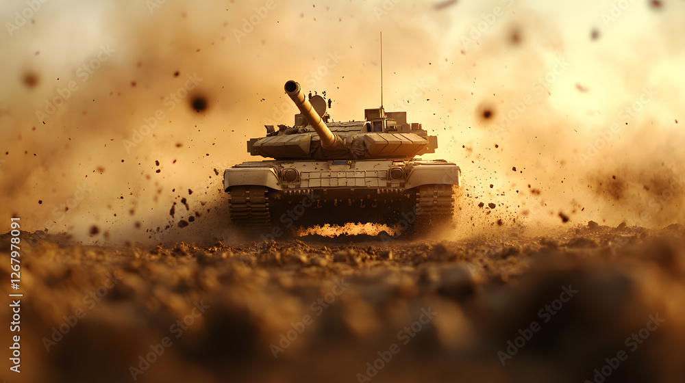 Powerful military tank speeding through a dusty, desolate terrain ...