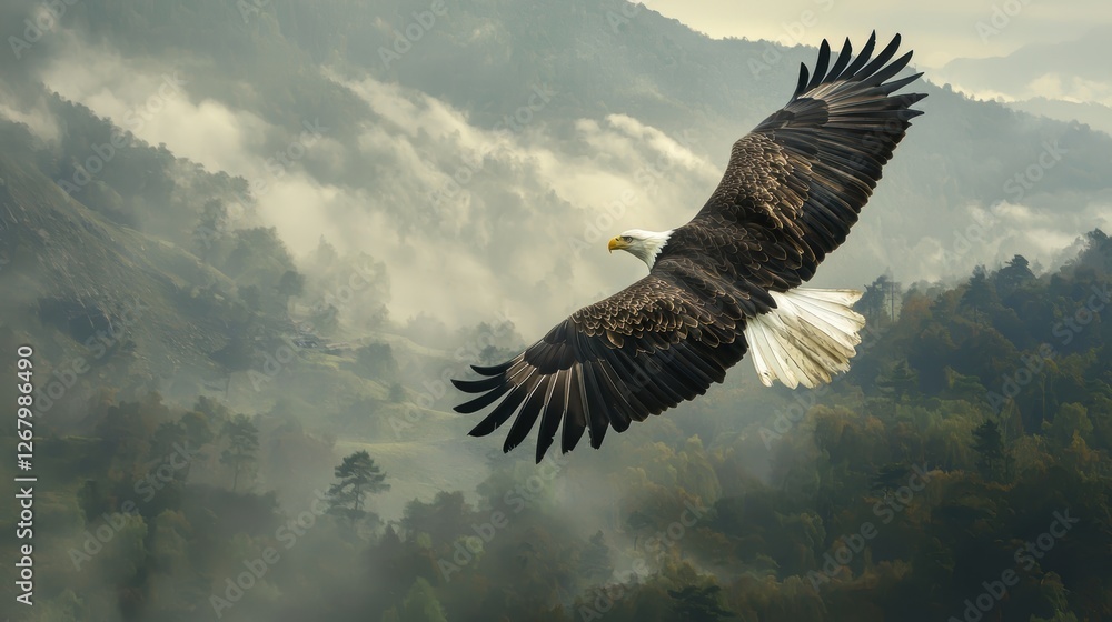 , National Geographic Majestic bald eagle soaring above a misty ...