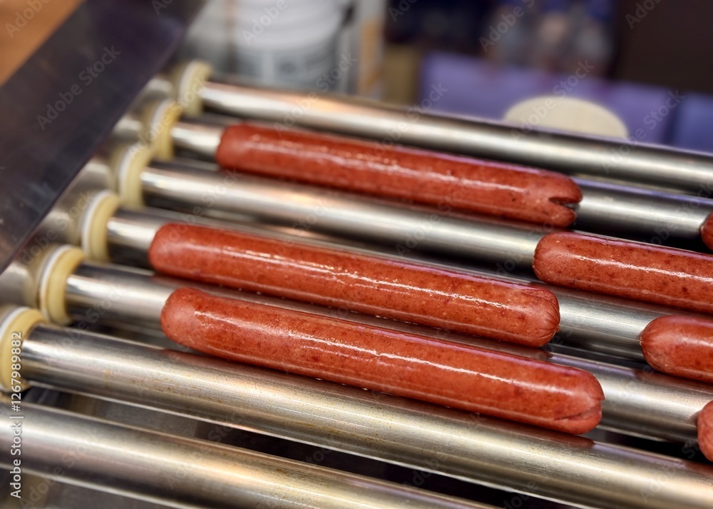 Long delicious hot dogs are sizzling on a roller grill in supermarket ...