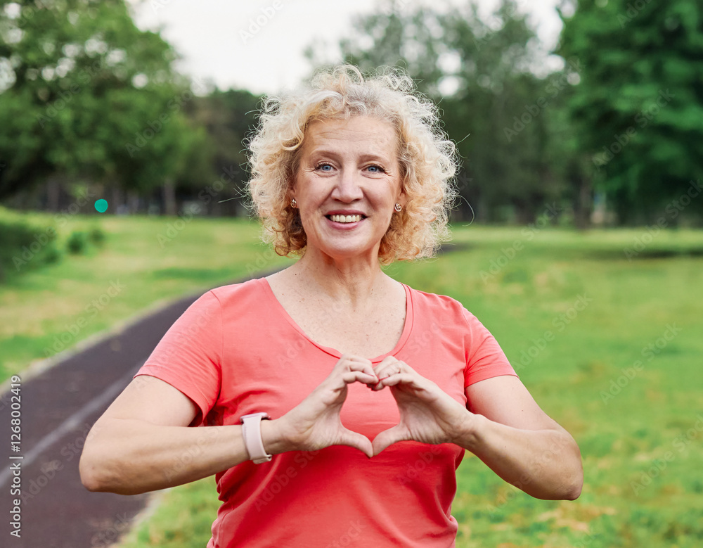 mature fitness woman heart active love sport exercise healthy fit ...