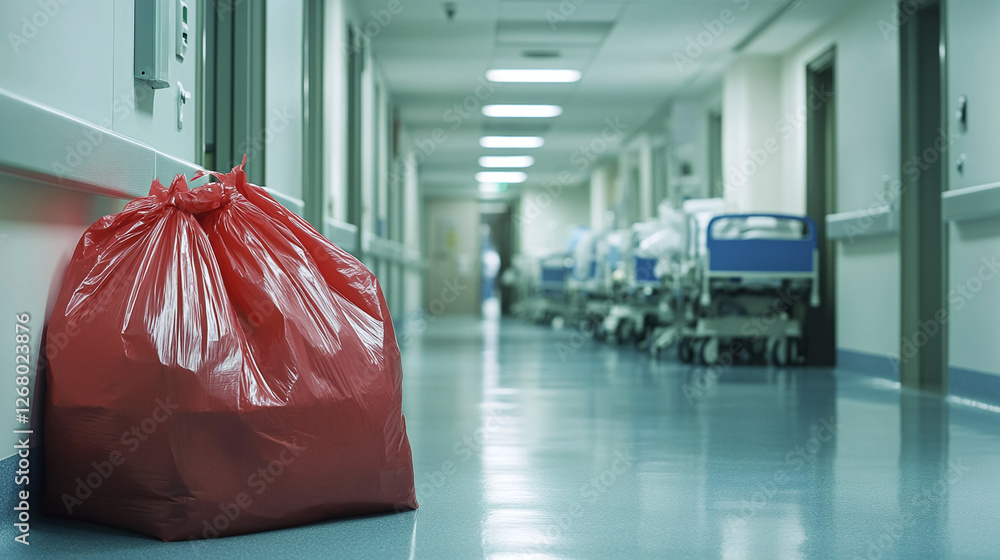 Biohazard bag in hospital corridor. Medical waste management in ...
