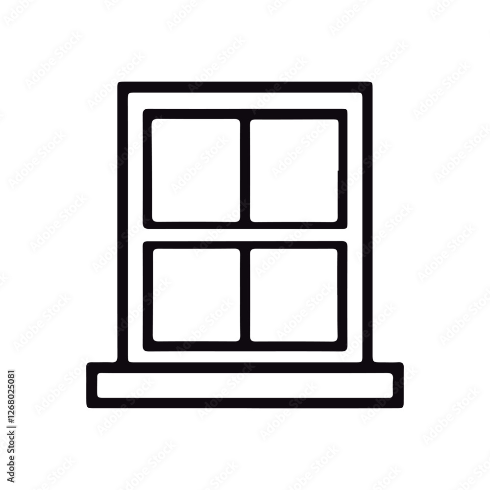 Line art and open window drawing. Linear vector symbol. white backdrop ...