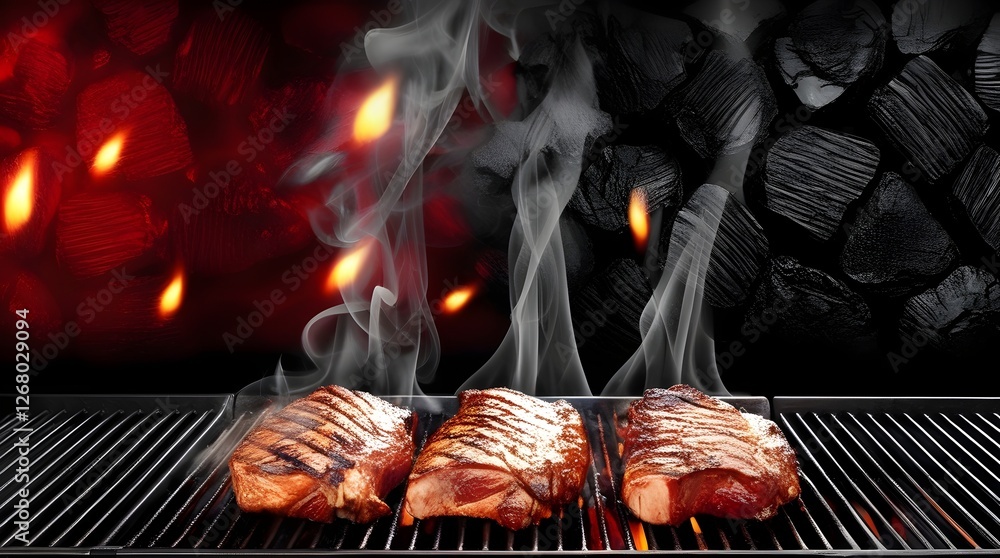 dark red and black background with grill rack and sizzling meat for ...