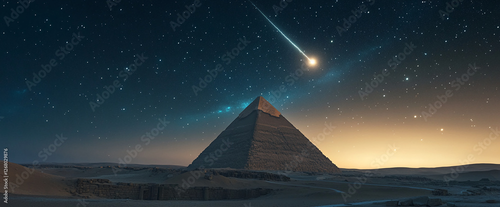 A pyramid under the starry sky with a comet passing by, highlighting ...