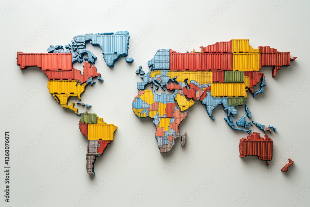 Overhead view of shipping containers in a port in the shape of a world ...