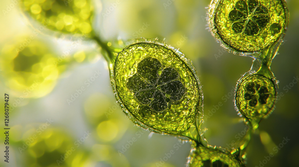 Microscopic algae cells glowing green in renewable energy research ...