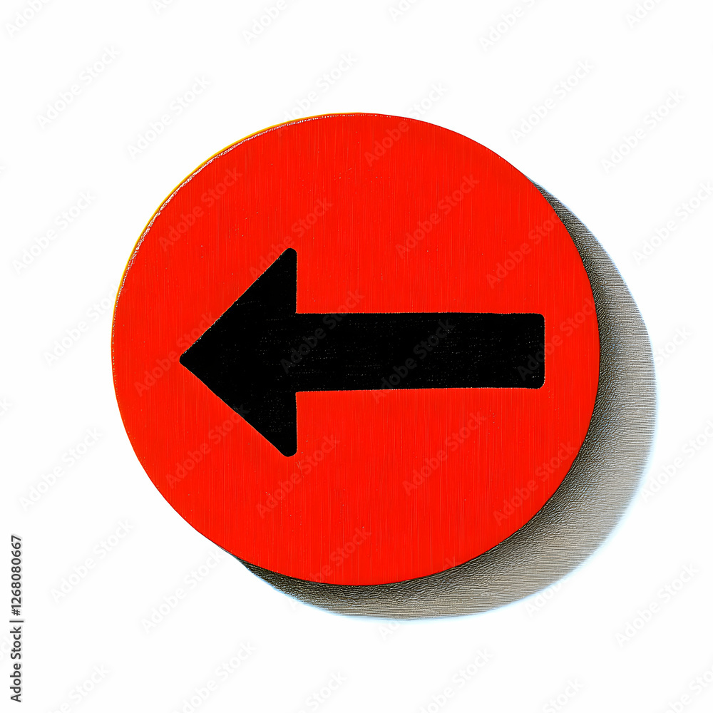 A vibrant red circular traffic sign with a bold black left arrow symbol ...