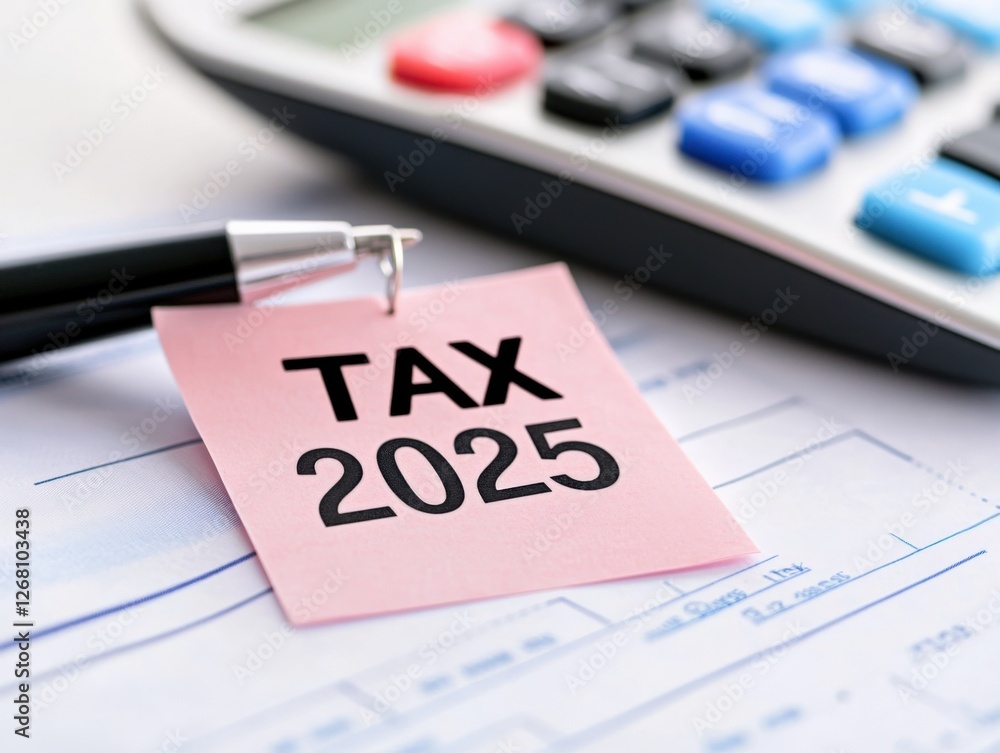 Tax Time 2025 Reminder on a Desk with Calculator and Pen. Stock ...