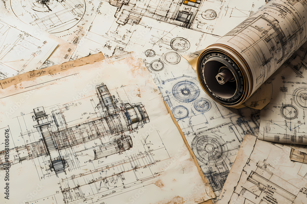Vintage Engineering Blueprints: A detailed close-up shot reveals a ...