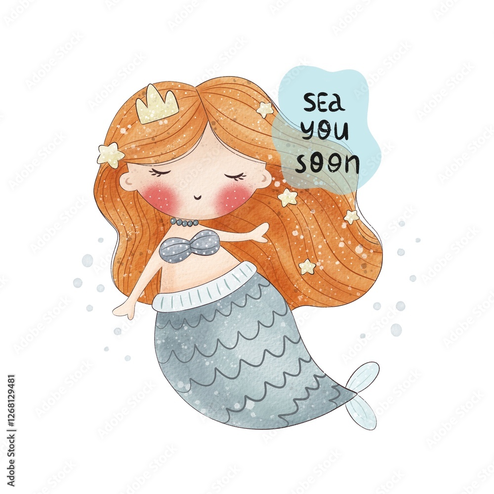 cartoon mermaid, hand drawing lettering. Flat style illustration for ...