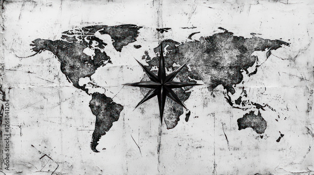 Hand-inked world map with classic compass rose, aged paper texture ...