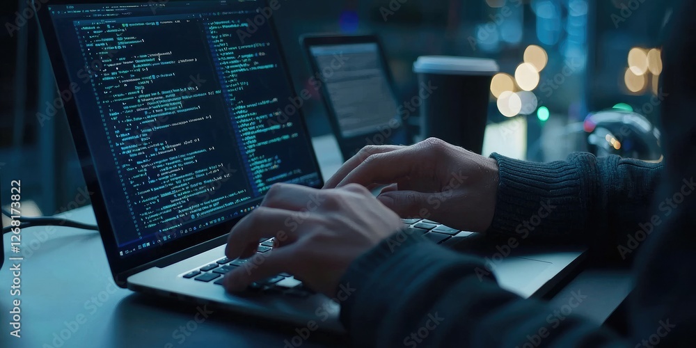 Programmer working on laptop with coding language displayed on screen ...