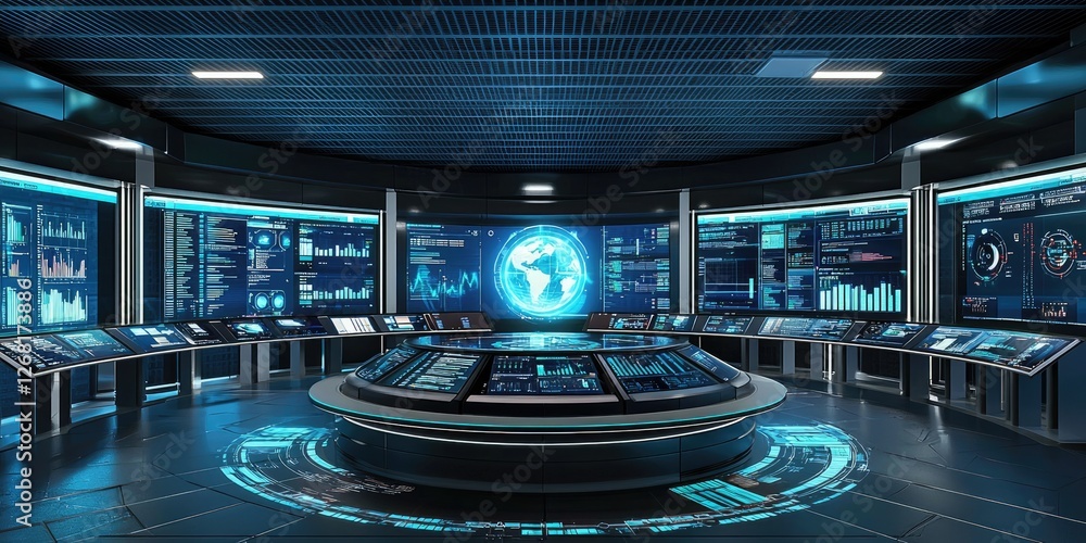Futuristic Control Room with High-Tech Displays Featuring Global Data Visualization and ...