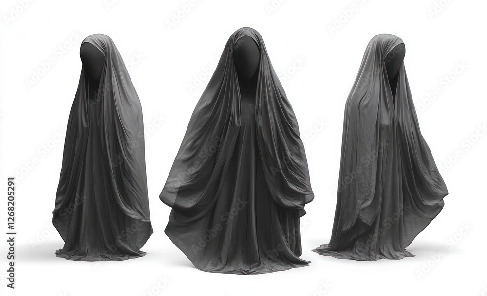Black Flowing Cloaks Minimalistic Mockup Front and Side View of Chador ...